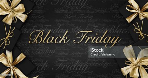 블랙 프라이데이 텍스트와 블랙 래핑 선물 상자와 텍스처 쓰기 배경에 고립 된 황금 리본 활 티켓 기프트 카드 판매 및 쇼핑을위한