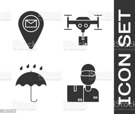 골판지 상자 지도 용지에 자리 표시자 우산과 비 방울및 패키지 아이콘 배달 무인 항공기와 배달 남자를 설정합니다 벡터 0명에 대한 스톡 벡터 아트 및 기타 이미지 Istock