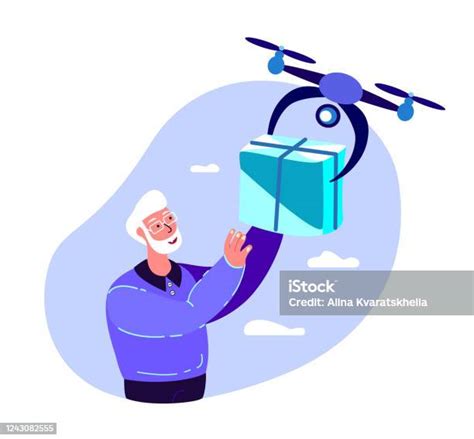 드론 배달은퇴 한 노인은 원격 조종 비행 항공기로 비접촉식 배달 소포를받습니다box Sendingaged 연금 수령자홈 쇼핑 위치 구매 수령 플랫 벡터 일러스트레이션 배달에