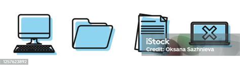 라인 파일 문서 키보드가 있는 컴퓨터 모니터 문서 폴더 및 랩톱 및 화면 아이콘의 교차 표시를 설정합니다 벡터 찾을 수 없음 오류 메시지에 대한 스톡 벡터 아트 및 기타