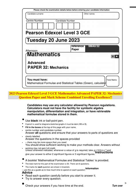 Pearson Edexcel Level GCE Mathematics Advanced PAPER Mechanics Question Paper And