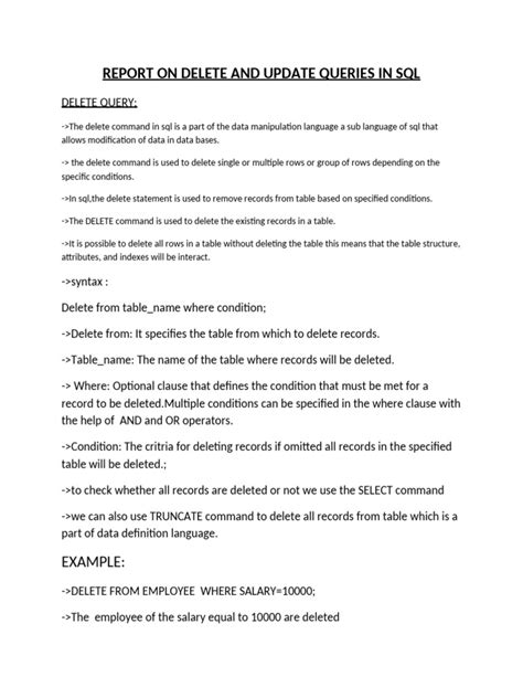 Report On Delete And Update Queries In Sql Pdf