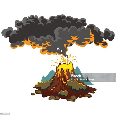 화산 분화 한 자 정도의 변화 또는 위험한 벌 컨 마그마 화산재와 화산 용암 산 벡터 일러스트 레이 션 아래로 흐르는 연기 비행기에서 인사를 깨우기의 집합 Active
