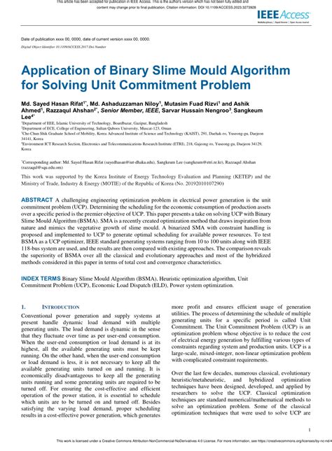 Pdf Application Of Binary Slime Mould Algorithm For Solving Unit