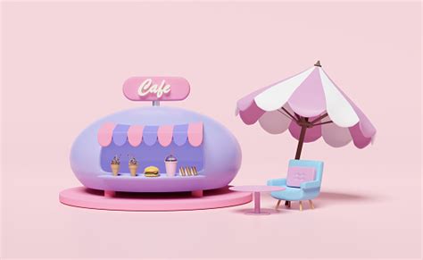 아이스크림 커피 테이블 우산 햄버거 또는 햄버거 샌드위치 분홍색 배경에 격리된 유리가 있는 3d 상점 상점 카페 여름 여행 3d 렌더링 일러스트레이션 3차원 형태에 대한