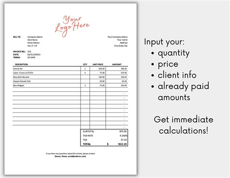 Excel Invoice Template Formulas Invoice Spreadsheet With Excel Formulas Instant Download