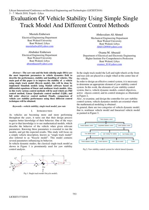 PDF Evaluation Of Vehicle Stability Using Simple Single Track Model And Different Control Methods