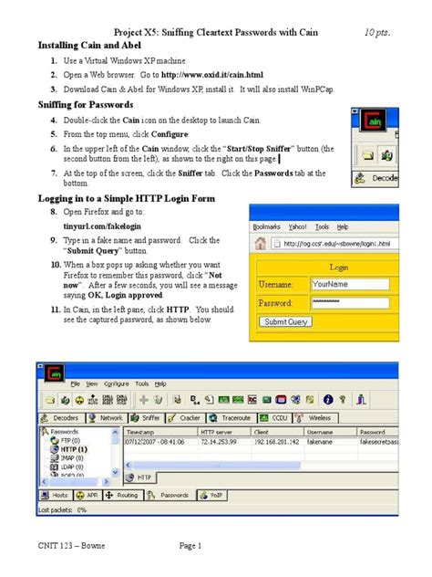 installing cain and abel project x5 sniffing cleartext passwords with cain pdf port