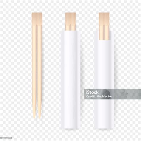 벡터 3d 사실적인 나무 젓가락 흰색 빈 패키지 는 투명 한 배경에 격리 된 클로즈업 설정 식품 스틱의 디자인 템플릿 전통 아시아 식기 모형 맨 위 보기 갈색에 대한 스톡