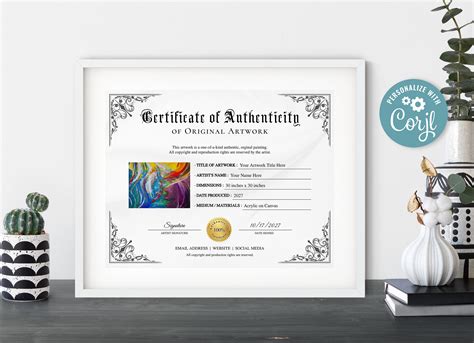 Certificate Of Authenticity For Artwork Editable Certificate Of
