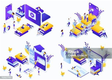 아이소메트릭 설정된 개념 E학습 무료 및 유료 교육을 받을 기회를 전세계 학생 들 웹사이트에 대 한 최신 벡터 일러스트 레이 션