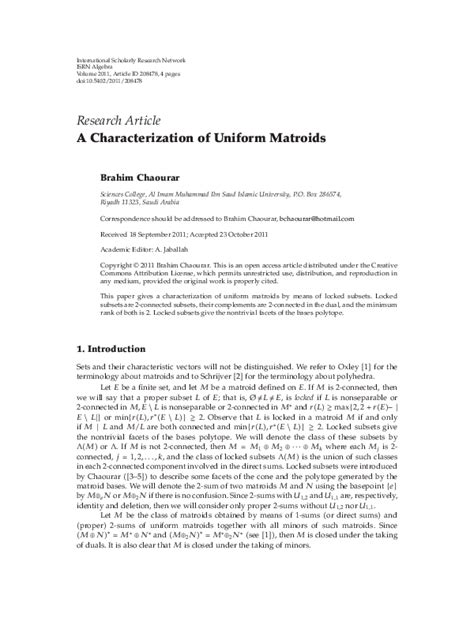 Pdf A Characterization Of Uniform Matroids