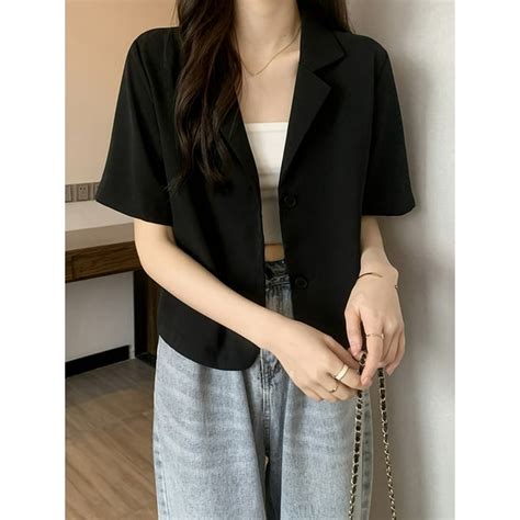Button Front Lapel Crop Blazer Elegant Short Sleeve Blazer For Spring And Fall Womens Clothing