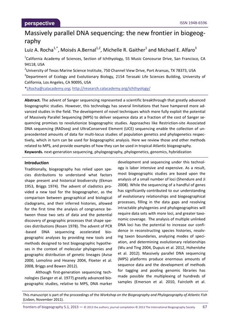 Pdf Massively Parallel Dna Sequencing The New Frontier In Biogeography