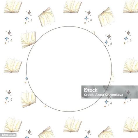 책이 있는 수채화 액자 학교 초대장 엽서에 사용하기 위해 손으로 그린 별들 흰색 배경에 분리된 그림입니다 디자인을 위한 예술 0명에 대한 스톡 벡터 아트 및 기타 이미지