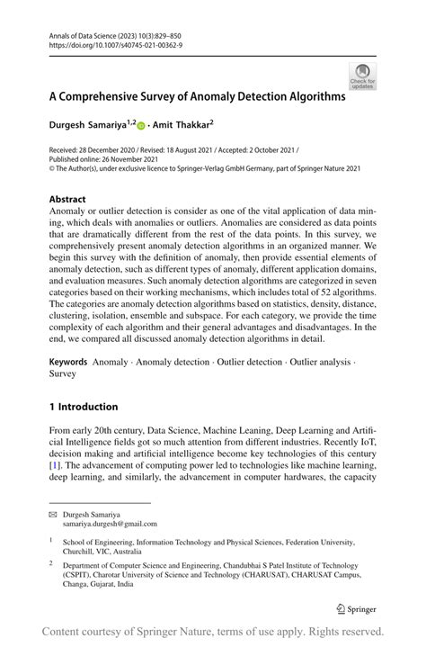 A Comprehensive Survey Of Anomaly Detection Algorithms Request PDF
