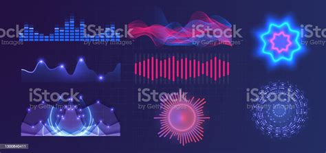 진폭 또는 오디오 범위 효과의 그래픽 파란색 배경에 격리 된 음파 차트 음파 이퀄라이저 주파수 오디오 파형 음악 파형 미래 스타일의 음성 그래프 신호 벡터 그래프에 대한