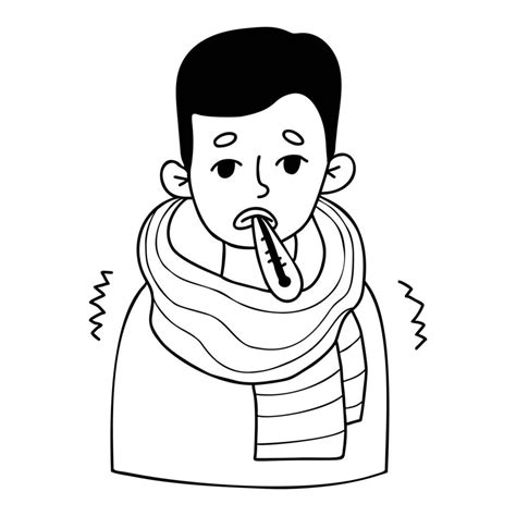 Frozen Sick Guy Wrapped In Scarf With Thermometer Vector Outline