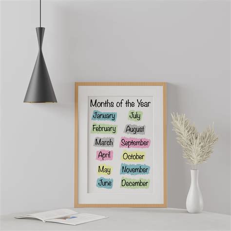 Printed Pastel Months Of The Year Poster Educational Wall Art Print