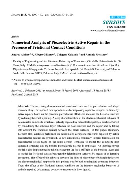 Pdf Numerical Analysis Of Piezoelectric Active Repair In The Presence Of Frictional Contact
