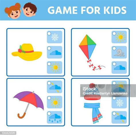 어린이를위한 교육 워크 시트 아이들을위한 게임 일치하는 항목을 찾습니다 날씨 0명에 대한 스톡 벡터 아트 및 기타 이미지 0명 계절 교육 Istock
