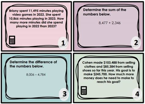 Virginia Math Sol 4 Ce 1 Adding And Subtracting Whole Numbers Task Cards