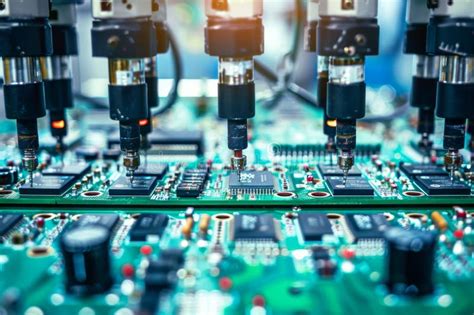 High Precision Automated Soldering Process On Printed Circuit Board Assembly Line Stock Image