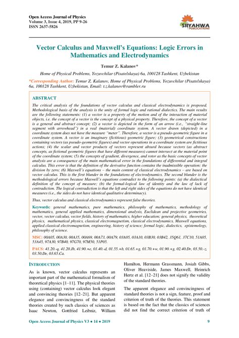 Pdf Vector Calculus And Maxwells Equations Logic Errors In