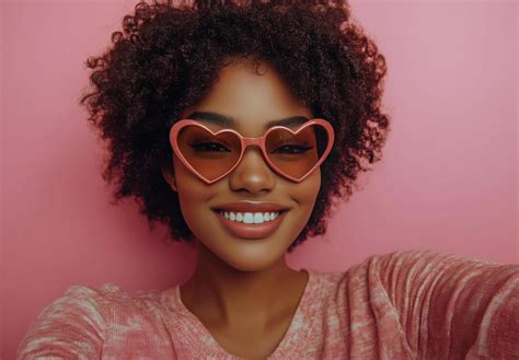 Smiling Woman Shows Off Pink Heart Shaped Sunglasses Against A Vibrant
