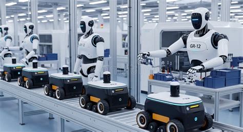 Robots And Automated Carts On A Factory Conveyor Belt Stock