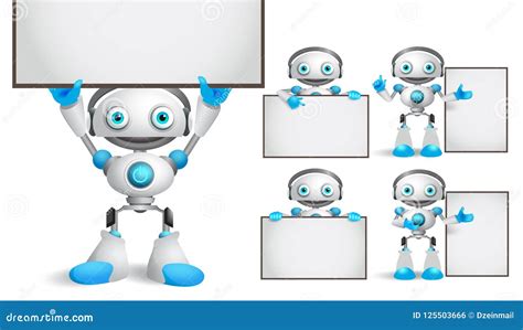 White Robot Vector Characters Set Standing And Holding Empty Blank White Board Stock Vector