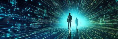 Exploring A Digital Realm With Silhouettes Amidst Floating Code In A