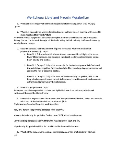Worksheet Lipid And Protein Metabolism Describe At Least 3 Beneficial