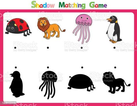 다른 모양의 그림자를 학습하기위한 벡터 그림입니다 어린이 마녀 4 만화 이미지 무당 벌레 사자 해파리 펭귄을위한 매칭 게임에