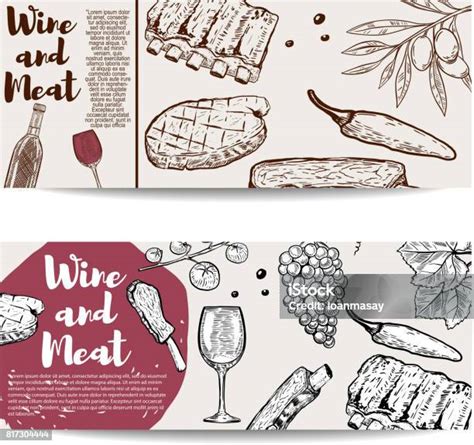 와인과 고기 배너 템플릿입니다 구이 스테이크 갈비 올리브 와인 포도 메뉴 전단지 포스터 디자인 요소입니다 벡터 일러스트 레이 션