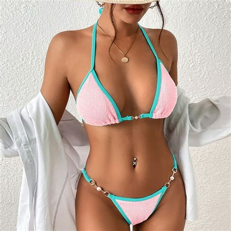 Honeeladyy Womens Attractive High Breast Contrast Solid Bikini Set