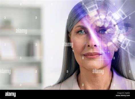 Facial And Iris Recognition System Woman Undergoing Biometric