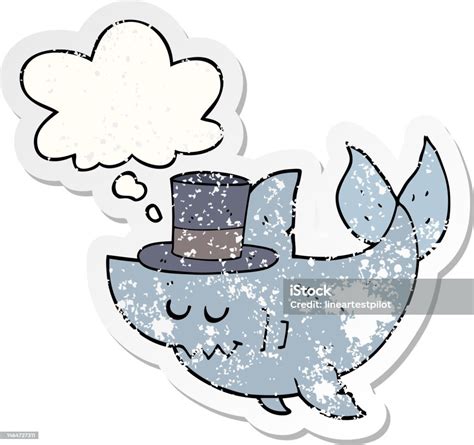 고민된 낡은 스티커로 생각 거품이 있는 모자를 쓰고 있는 만화 상어 귀여운에 대한 스톡 벡터 아트 및 기타 이미지 귀여운 그런지 이미지 기법 기포 Istock