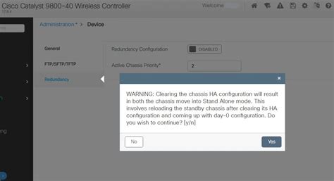 Solved Disabling Redundancy Will Delete Config From Service Port C9800 40 Cisco Community