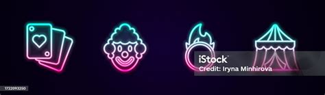 세트 라인 카드 놀이 광대 머리 서커스 화재 후프 및 텐트 빛나는 네온 아이콘입니다 벡터 가공의 인물에 대한 스톡 벡터 아트 및 기타 이미지 Istock