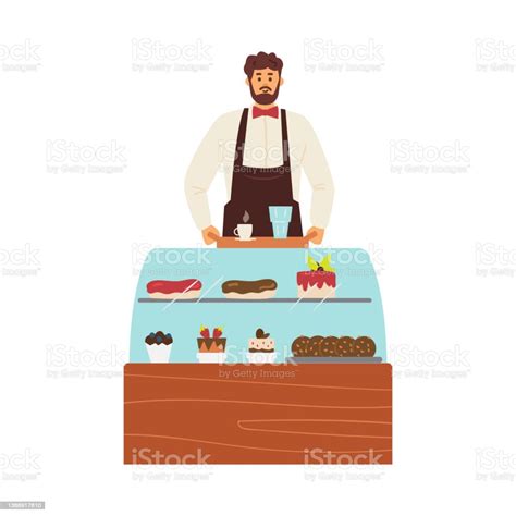 커피숍 카운터의 바리스타 또는 카페 주인 플랫 벡터 일러스트레이션이 고립되어 있습니다 남성에 대한 스톡 벡터 아트 및 기타 이미지 남성 남성상 남자 Istock