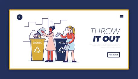 재활용 및 폐기물 제로 개념 웹 사이트 방문 페이지 여성들은 적절한 쓰레기통에 쓰레기를 던지는 유기농 및 금속 쓰레기를 분류하고 있습니다 웹 페이지 만화 개요 평면 벡터