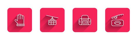 세트 라인 크리스마스 벙어리 장갑 케이블카 스포츠 가방 및 긴 그림자가있는 겨울 낚시 빨간색 사각형 버튼입니다 벡터 건강한 생활방식에 대한 스톡 벡터 아트 및 기타 이미지