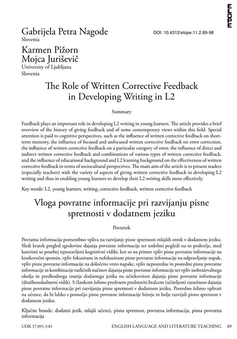 Pdf The Role Of Written Corrective Feedback In Developing Writing In L2