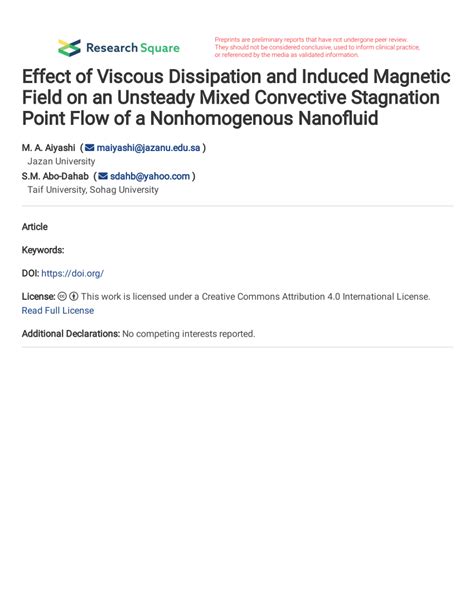 Pdf Effect Of Viscous Dissipation And Induced Magnetic Field On An Unsteady Mixed Convective