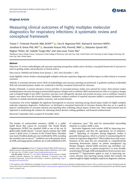 Pdf Measuring Clinical Outcomes Of Highly Multiplex Molecular Diagnostics For Respiratory