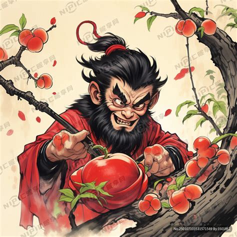 Ai创作图齐天大圣孙悟空在蟠桃园的蟠桃树上偷桃子 孙悟空京剧脸谱 卡通风格 昵图网