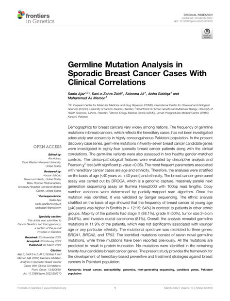 Pdf Germline Mutation Analysis In Sporadic Breast Cancer Cases With