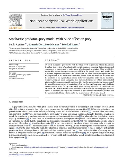 Pdf Stochastic Predator Prey Model With Allee Effect On Prey