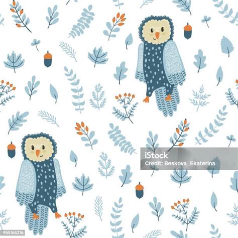 귀여운 올빼미와 꽃 요소 벡터 원활한 패턴 나뭇잎 열매 가지와 도토리 재미 있는 새와 숲 식물 숲 텍스처입니다 0명에 대한 스톡 벡터 아트 및 기타 이미지 Istock